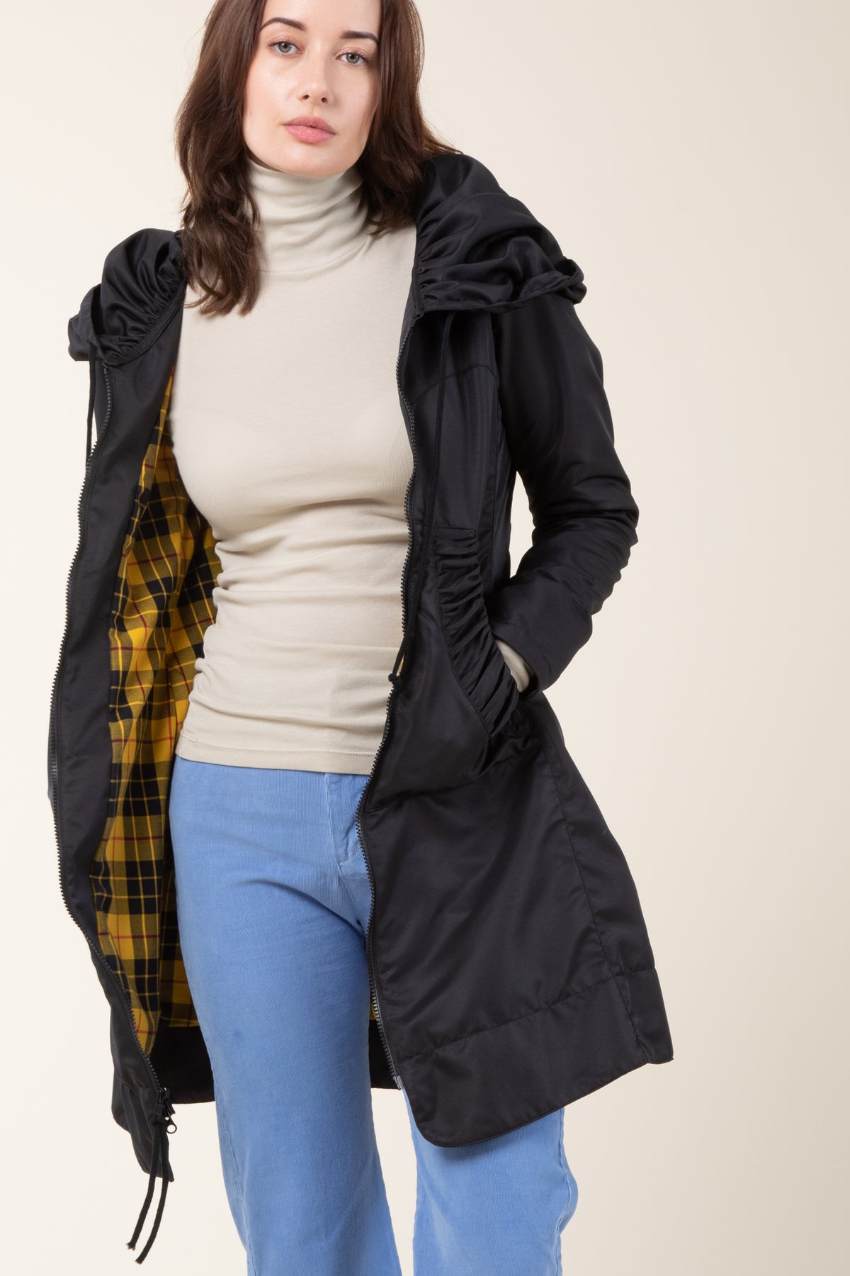 Long Raincloak in Black with Yellow Plaid — Prairie Underground