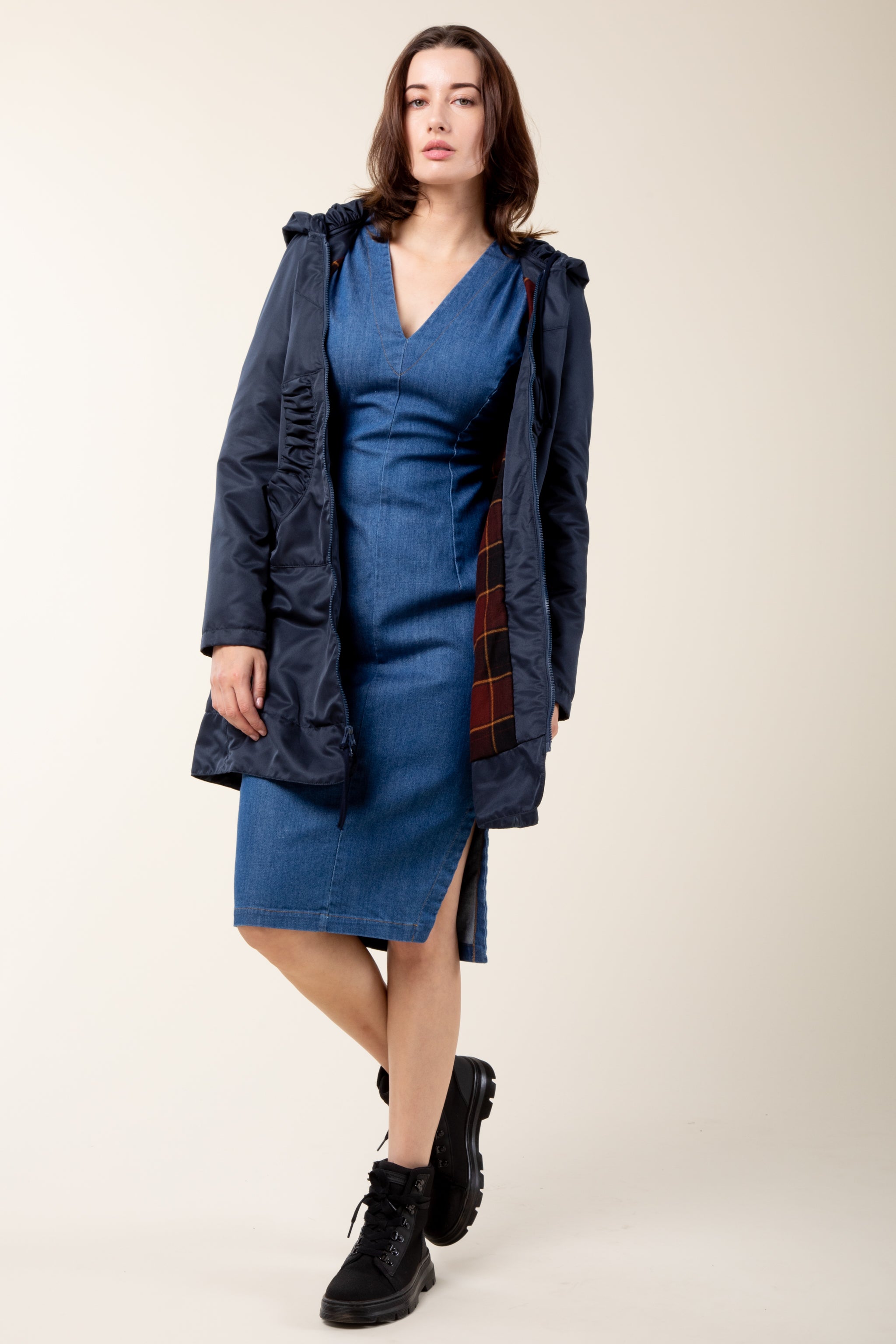 Long Raincloak in Navy with Burgundy Plaid — Prairie Underground